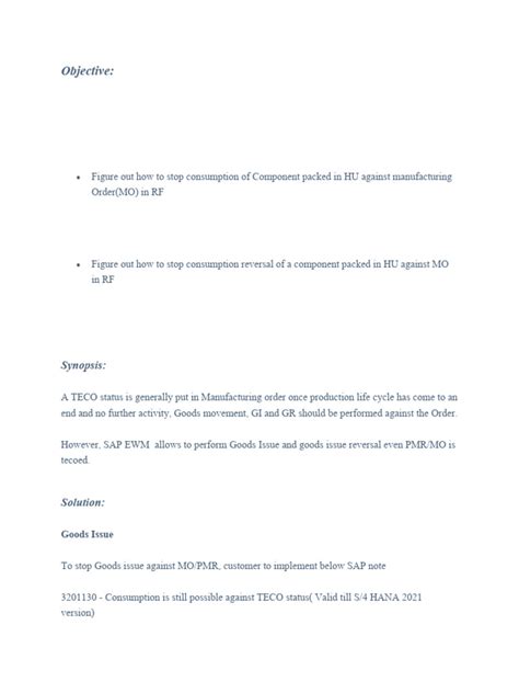 How To Stop Consumption And Consumption Reversal Of Pmr With Teco Status In Sap Ewm Pdf