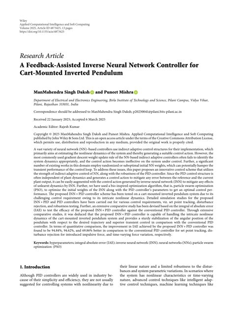 Pdf A Feedback Assisted Inverse Neural Network Controller For Cart