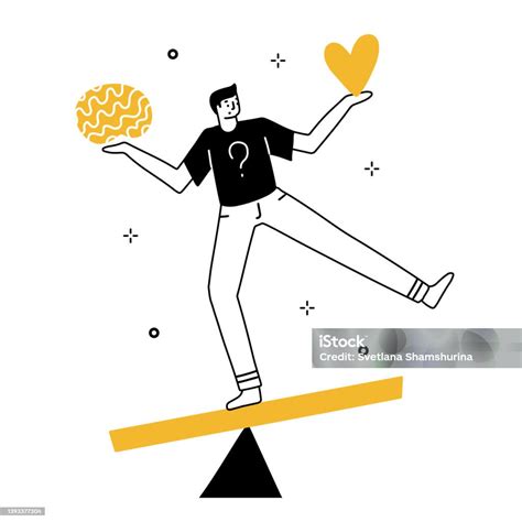 대규모로 뇌와 심장 사이의 균형을 잡는 사람 감정 대 마음 벡터 개념 선형 낙서 손으로 그린 그림 흰색에 검은 색과 노란색 균형에 대한 스톡 벡터 아트 및 기타 이미지