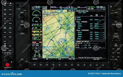 Airplane Glass Cockpit Display With Weather Radar And Engine Gauges
