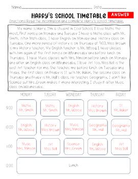 Reading Comprehension Babe Timetable By Roomless TPT