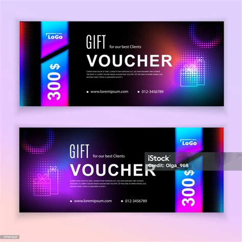 바우처 템플릿 여러 가지 빛깔의 유체 디자인 요소와 하프 톤 백화점 비즈니스에 대 한 300 달러 가치 블랙 네온 생생한 템플릿 0명에 대한 스톡 벡터 아트 및 기타 이미지