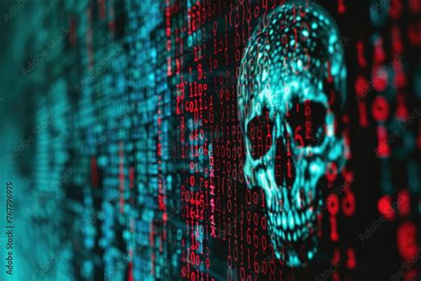 Computer Code On A Screen With A Skull Representing A Computer Virus