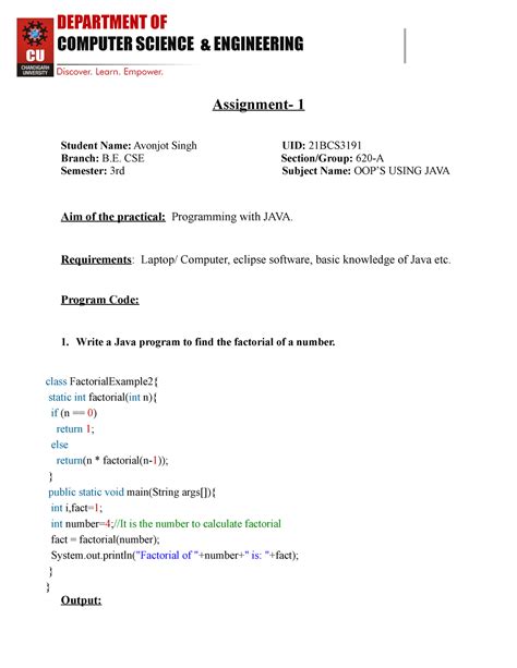 Java Worksheet Updated COMPUTER SCIENCE ENGINEERING Assignment 1