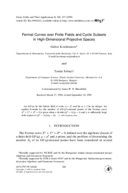 pdf fermat curves over finite fields and cyclic subsets in high dimensional projective spaces