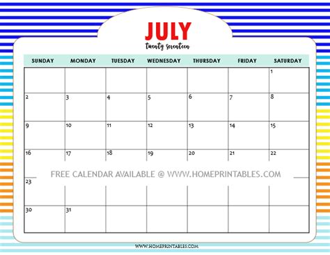 Free Printable July 2017 Calendar 8 Colorful Styles Home Printables