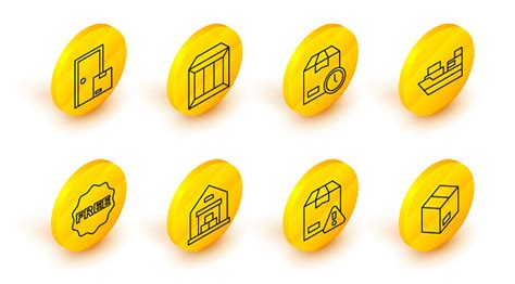 세트 라인 판지 골판지 상자 방패 창고 쌀 태그 무료 화물선 상자 배달 골판지 시계 및 홈 서비스 아이콘과 배달 보안 벡터 3