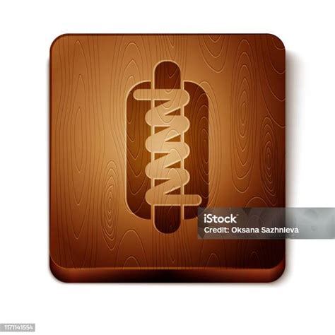 흰색 배경에 고립 된 겨자 아이콘갈색 핫도그 샌드위치 소시지 아이콘입니다 패스트 푸드 기호입니다 나무 사각형 버튼입니다 벡터 일러스트레이션 감자 요리에 대한 스톡 벡터 아트