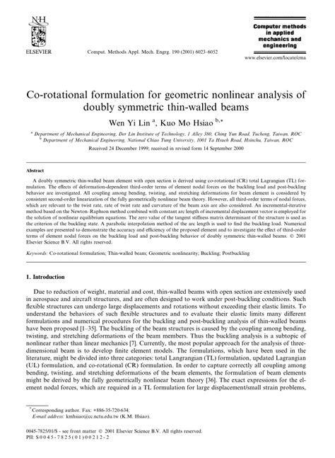 PDF Co Rotational Formulation For Geometric Nonlinear Analysis Of Doubly Symmetric Thin Walled