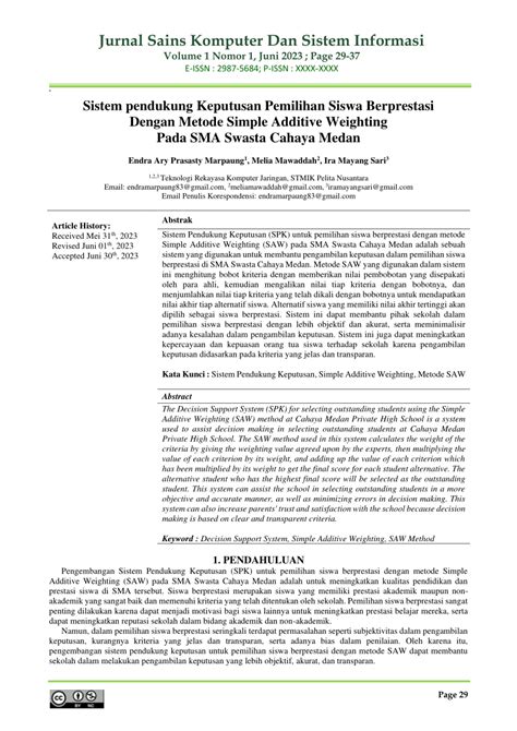 Pdf Sistem Pendukung Keputusan Pemilihan Siswa Berprestasi Dengan