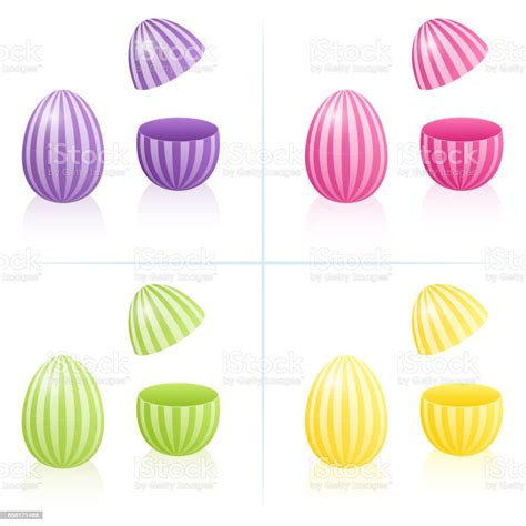 스트라이프 패턴 부활절 달걀 상자 폐쇄 하 고 채워질4 밝은 봄 색깔 자주색 분홍색 녹색 노란에서 열립니다 흰색 배경에 고립 된