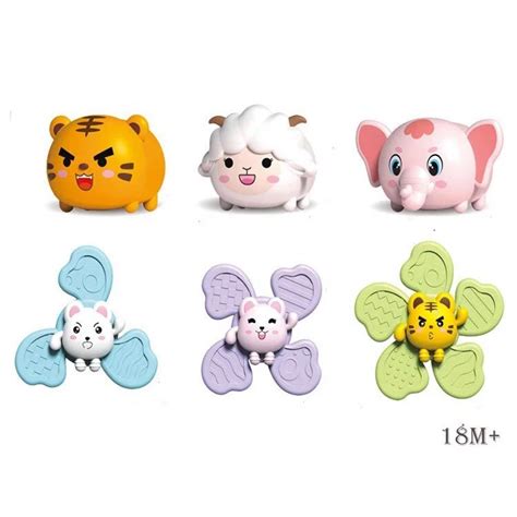 Комплект от 6 интерактивни бебешки играчки спинери с вендуза и три силиконови животни за баня