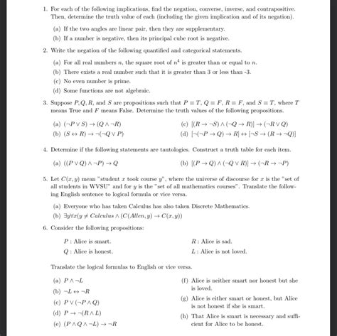 1 For Each Of The Following Implications Find The Negation Converse Inverse And