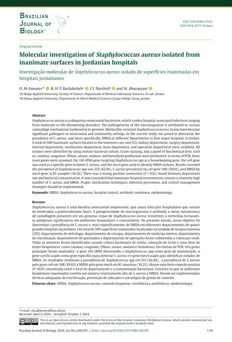 Pdf Molecular Investigation Of Staphylococcus Aureus Isolated From Inanimate Surfaces In