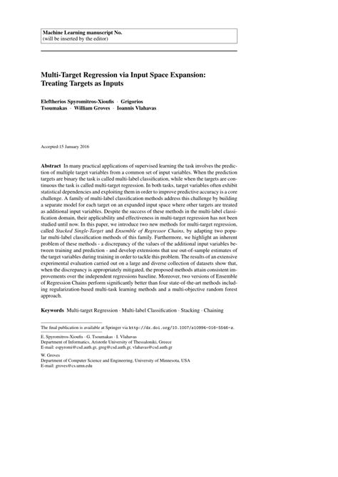 Pdf Multi Target Regression Via Input Space Expansion Treating Targets As Inputs