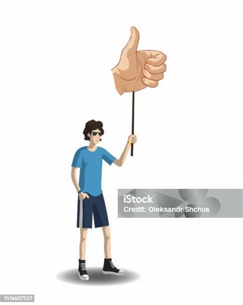 선글라스를 쓴 젊은 남자가 엄지 손가락을 들어 올리는 손 형태로 배너를 들고 있습니다 벡터 일러스트 레이 션 절연 Eps 10 지원 승인 및 좋은 감사의 개념 네 좋습니다