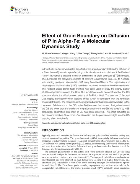 Pdf Effect Of Grain Boundary On Diffusion Of P In Alpha Fe A