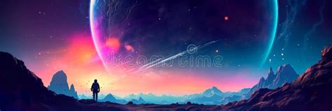 Space Exploration Scene With A Gradient Background Of Cosmic Colors Stock Illustration