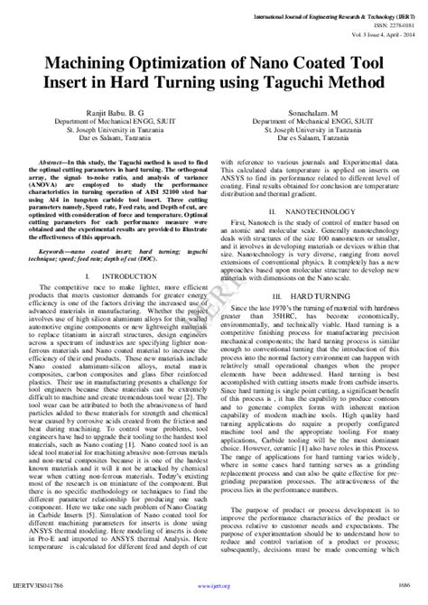 Pdf Machining Optimization Of Nano Coated Tool Insert In Hard Turning Using Taguchi Method