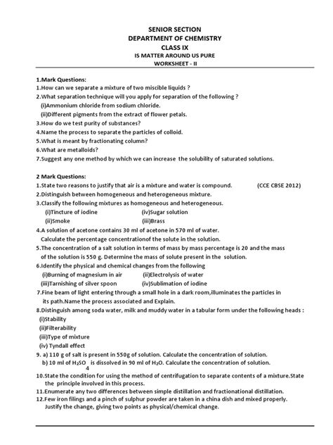 Cbse Class 9 Science Worksheet Matter Around Us Pdf Mixture Solubility