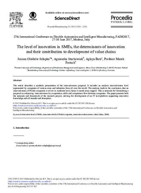 Pdf The Level Of Innovation In Smes The Determinants Of Innovation