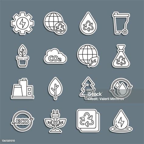 세트 라인 물 에너지 재활용 깨끗한 아쿠아 재활용 쓰레기 봉투 클라우드의 Co2 배출 식물 냄비 기어 및 번개 및 지구 지구 잎 아이콘 벡터 0명에 대한 스톡 벡터 아트 및