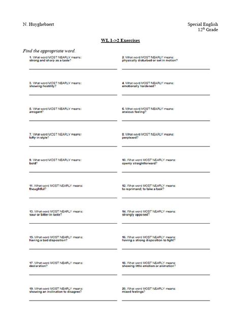 Word List Exercises 12th Grade Pdf