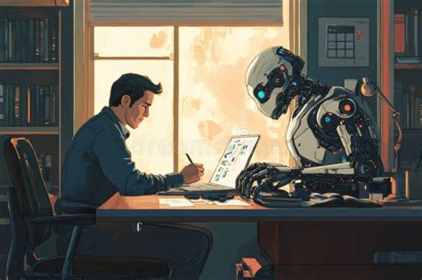 Collaboration Between Human And Robot On A Project At A Desk In A Bright Office Space