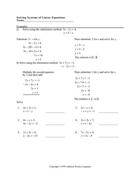 solving system of equations practice worksheets library
