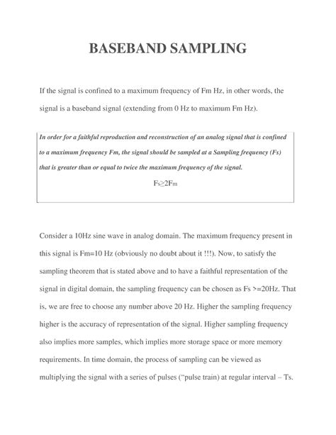 Baseband Sampling BASEBAND SAMPLING If The Signal Is Confined To A Maximum Frequency Of Fm Hz