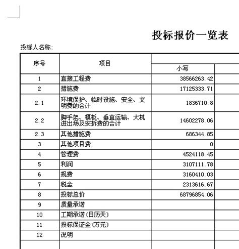 投标报价表 投标报价明细表 投标报价表范本图片 大山谷图库