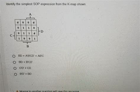 Solved Identify The Simplest Sop Expression From The K Map