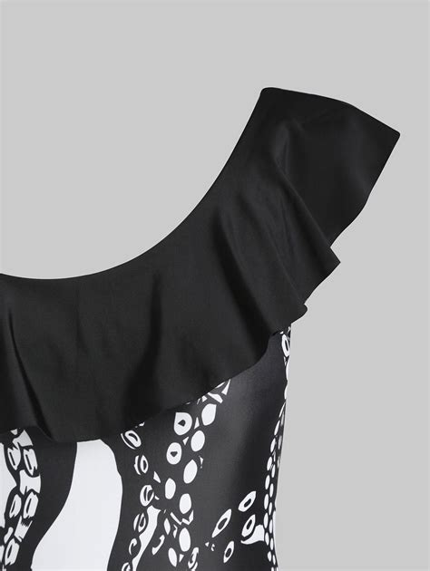 28 Off 2021 Octopus Print Flounce Skew Neck One Piece Swimwear In Black Dresslily