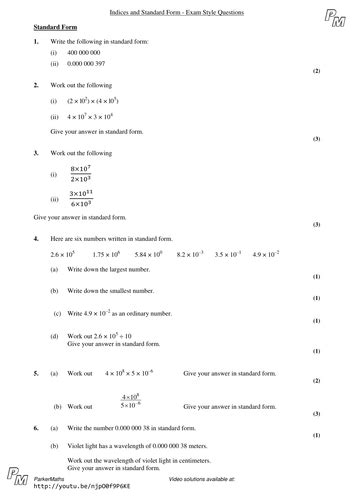 Indices And Standard Form Higher Gcse Exam Style Questions Teaching Resources