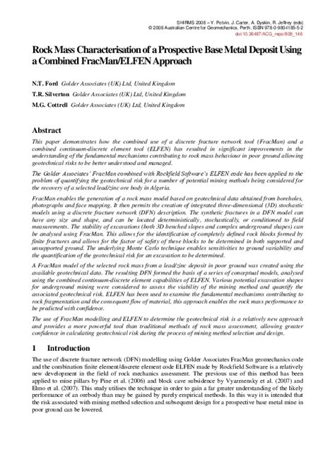 Pdf Rock Mass Characterisation Of A Prospective Base Metal Deposit