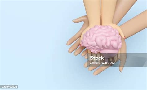 3d 만화 여자와 남자 손 들고 뇌 인간의 현실적인 파란색 배경에 고립 건강 검진 세계 뇌의 날 개념 3d 일러스트 렌더링 3차원 형태에 대한 스톡 사진 및 기타 이미지