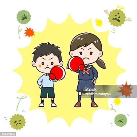 바이러스를 반발하는 형제의 일러스트 감기와 독감에 대한 스톡 벡터 아트 및 기타 이미지 감기와 독감 건강관리와 의술 건강한 생활방식 Istock