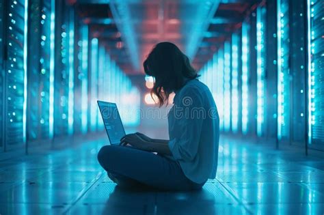 Female Cto In Data Center 3d Graphics Warehouse Scene Using Laptop