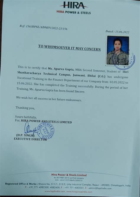 Successfully Completed My Internship In Finance Domain At Hira Power And Steel Limited Raipur
