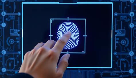 Blue Fingerprint Scan Icon On Virtual Screen While Finger Scanning For