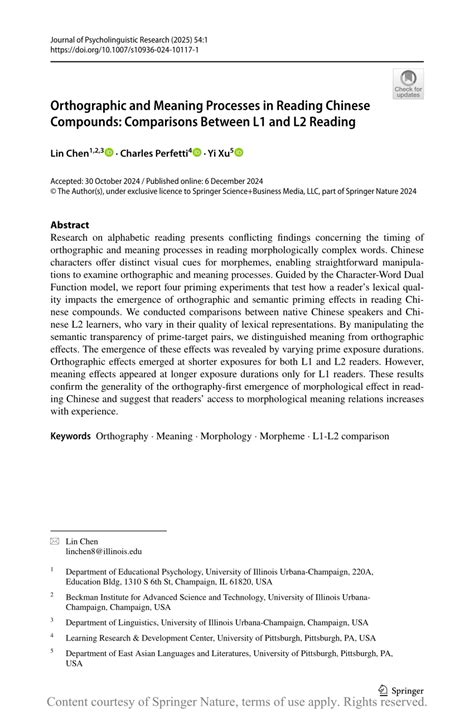 Orthographic And Meaning Processes In Reading Chinese Compounds Comparisons Between L1 And L2