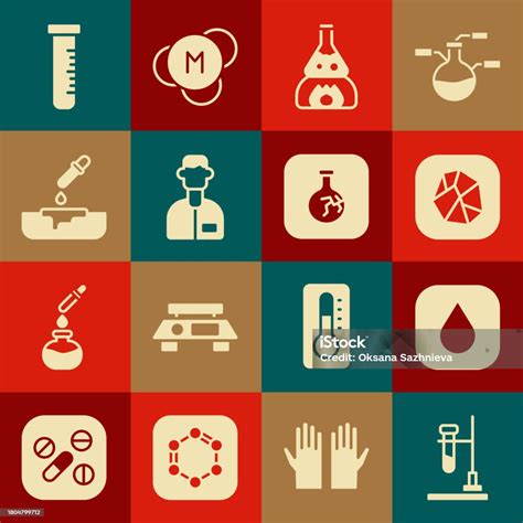 시험관 플라스크를 불에 태우고 물방울 소금돌 실험실 조교 피펫이 있는 페트리 접시 금이 간 아이콘을 설정합니다 벡터 건강 검진에 대한 스톡 벡터 아트 및 기타 이미지