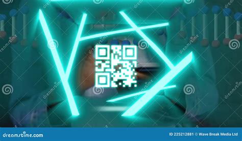 neon qr code scanner and dna structure spinning against mid section of woman using smartphone