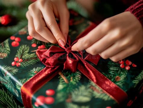Hands Tying A Red Ribbon Bow On A Green Christmas T Stock