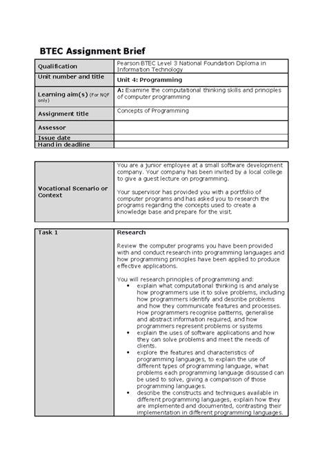 Unit 4 Assignment 1 Brief Btec Assignment Brief Qualification Pearson Btec Level 3 National