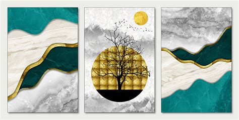 현대 미술 벽 장식 청록색 회색 금색 및 검은 색 3d 대리석 황금 원 태양 산 나무 0명에 대한 스톡 사진 및 기타 이미지 Istock