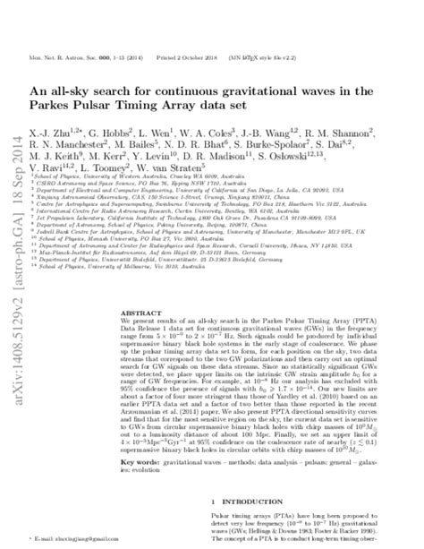 Pdf An All Sky Search For Continuous Gravitational Waves In The Parkes Pulsar Timing Array