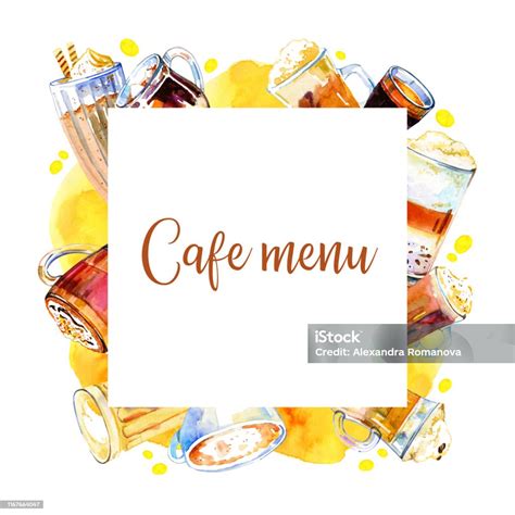 카페 메뉴 커버 디자인 템플릿입니다 커피 음료와 직사각형 프레임 안경과 머그잔수채 수채화 손으로 그린 스케치 일러스트 갈색에 대한 스톡 벡터 아트 및 기타 이미지 Istock