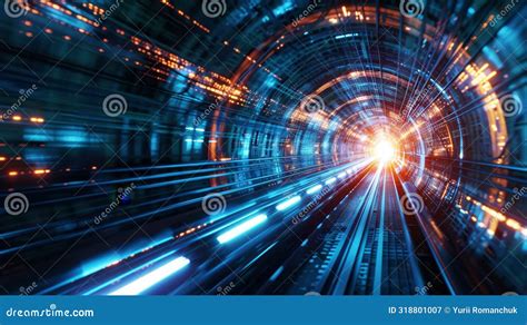Futuristic Digital Network Journey Through Sci Fi Tunnel With Pulsating Light Speeds Stock