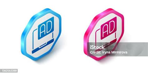 흰색 배경에 격리된 등색 광고 아이콘입니다 마케팅 및 홍보 프로세스의 개념 반응형 광고 소셜 미디어 광고 육각 버튼 벡터 3차원 형태에 대한 스톡 벡터 아트 및 기타 이미지